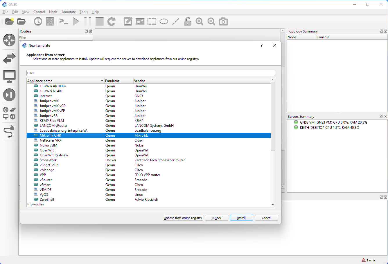 Lab 1.2 Installing MikroTik RouterOS on GNS3